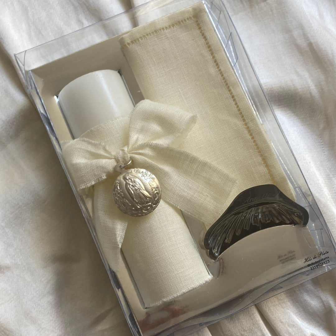 Kit Bautizo Vigen de Guadalupe- Baño de Plata - Lino – Hilo de Plata